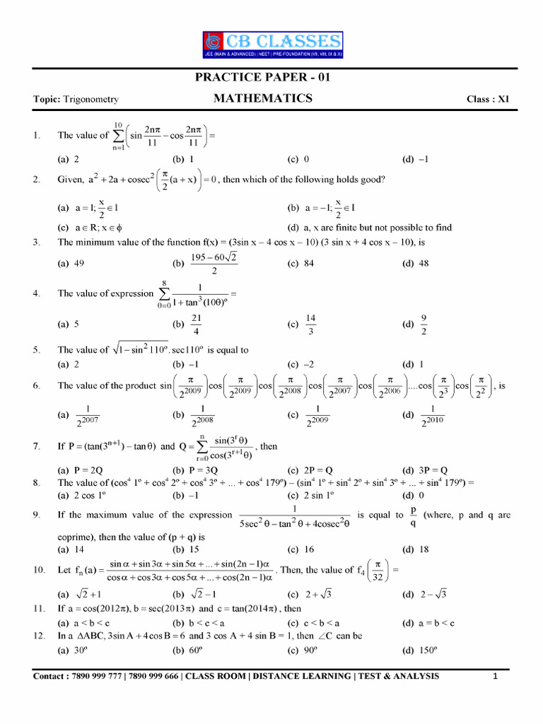 XI - Math - Practice Paper (Trigonometry) | PDF