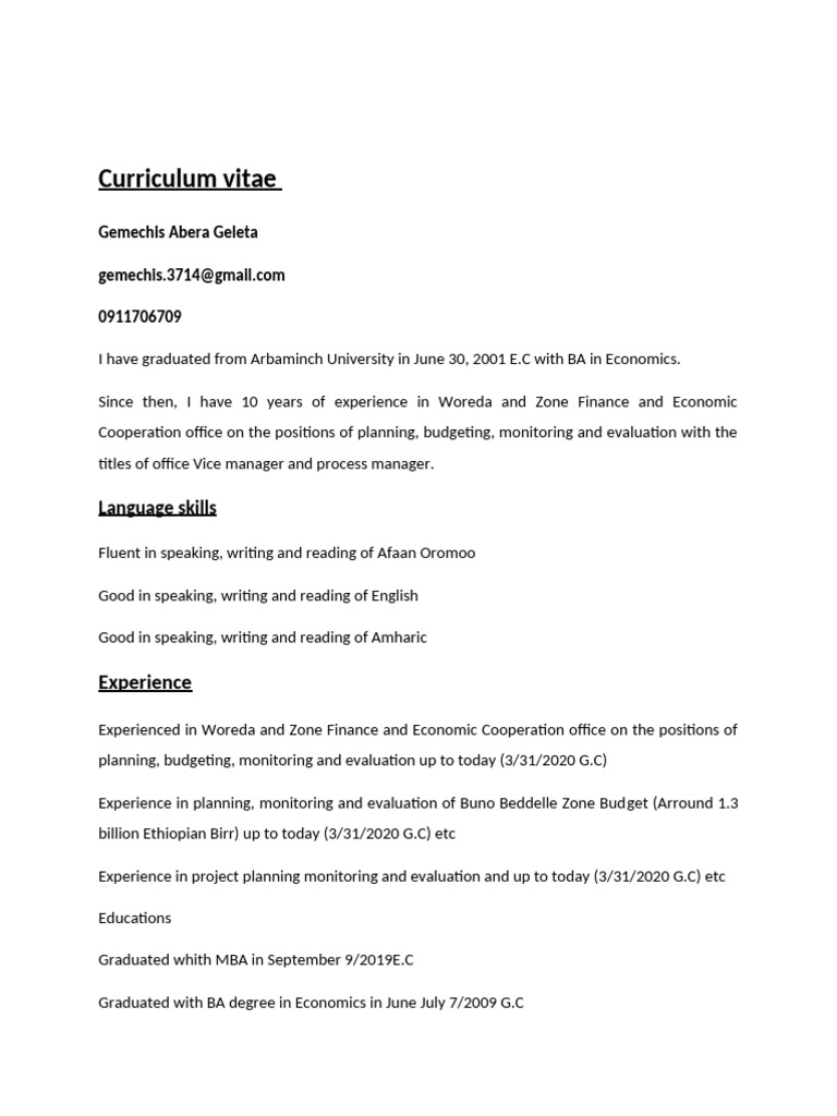 Curriculum Vitae: Gemechis Abera Geleta 0911706709 | PDF