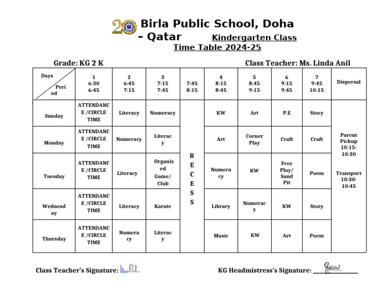 KG 2 K Regular Time Table 2024-25 | PDF