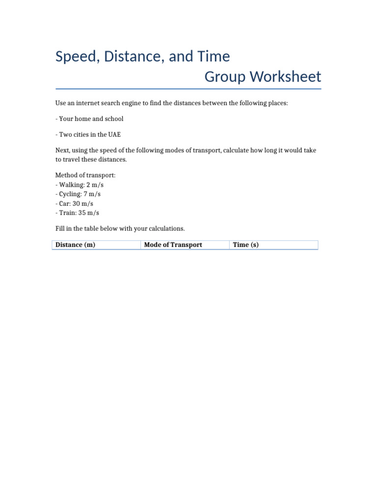 Speed Distance Time Group Worksheet | PDF