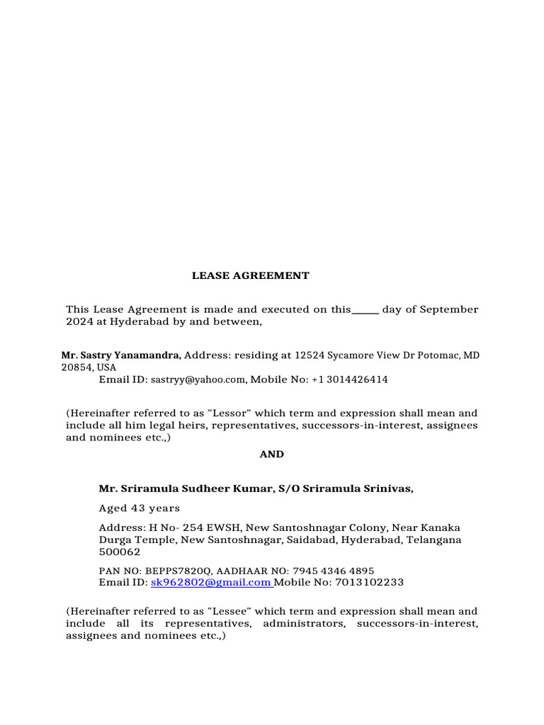 Yanamandra Lease Agreement - Sriramula Sudheer Kumar | PDF