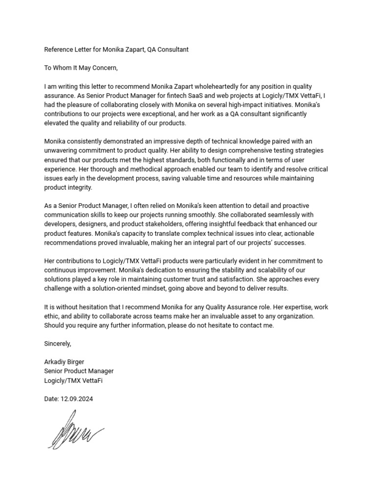 QA Consultant Reference for Monika | PDF | Business