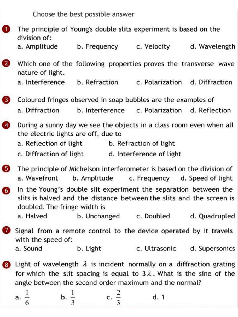 XI physics revision assignment nature of light | PDF