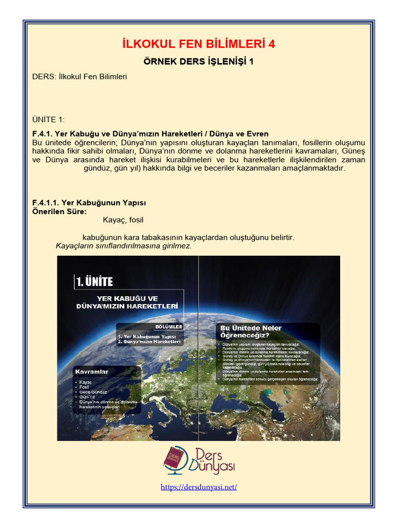 İlkokul Fen Bilimleri 4 Ders İşlenişi 1. Ünite Yer Kabuğu Ve Dünya'mızın Hareketleri Dünya Ve ...