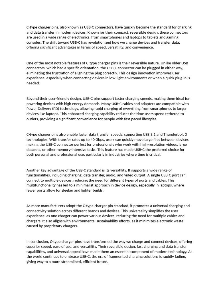 C-Type Charger Pins, Also Known As USB-C Connectors | PDF