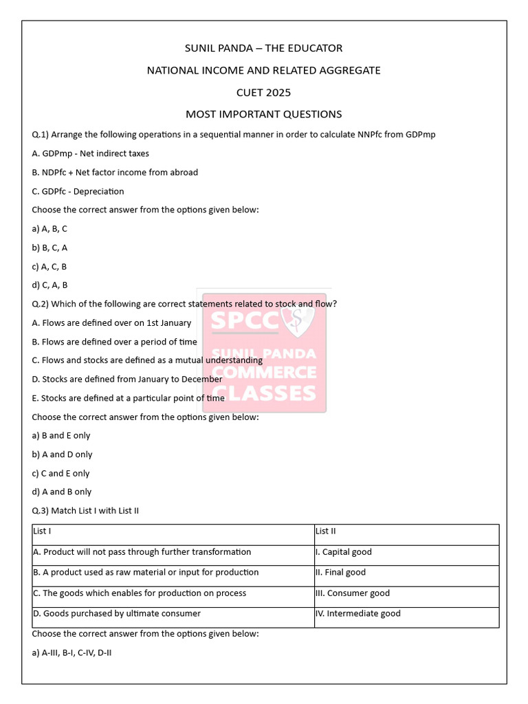 National Income and Related Aggregates MCQ CUET Questions | PDF | Gross ...