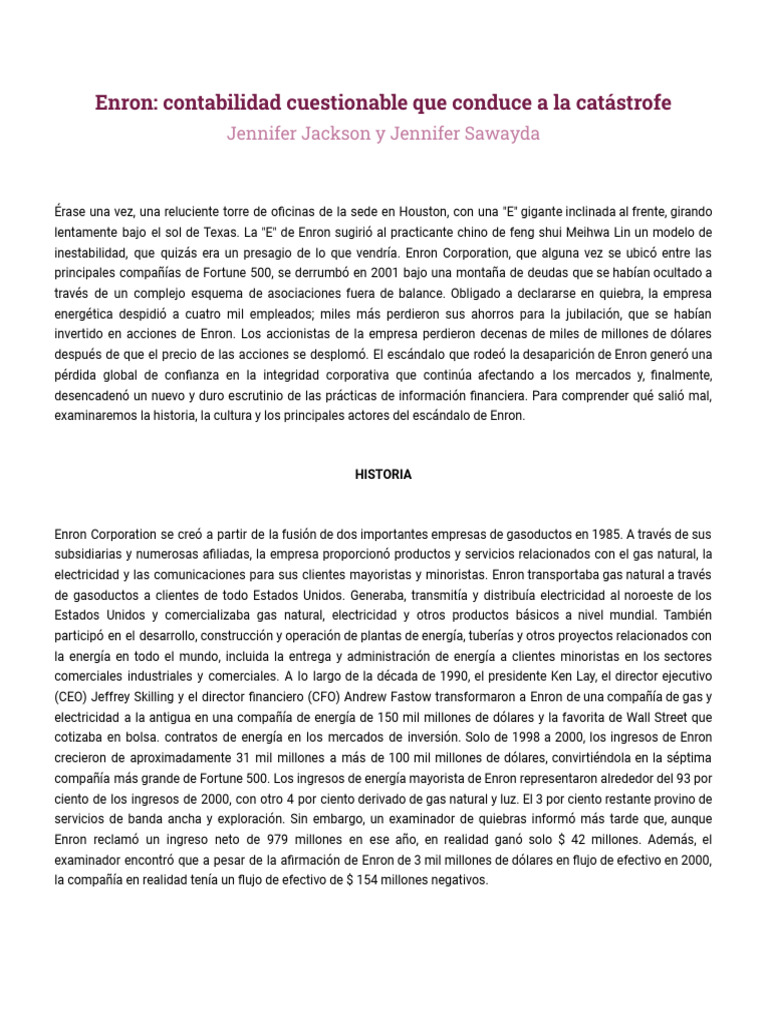 Enron - Contabilidad Cuestionable Que Conduce A La Catástrofe | PDF