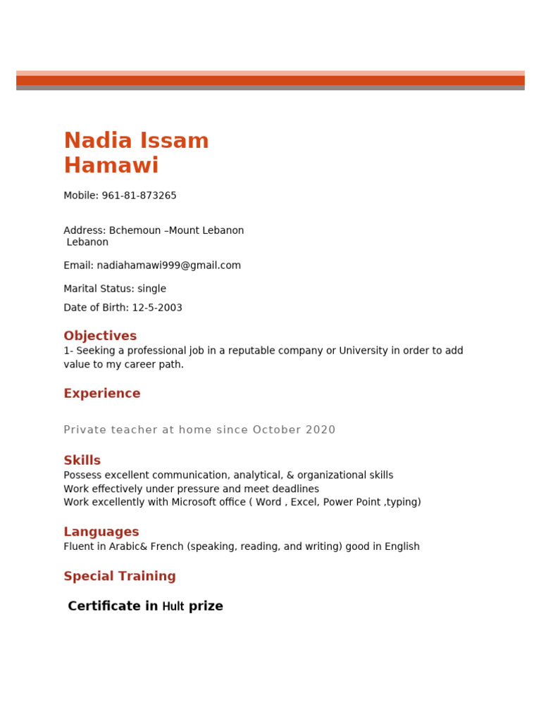 Nadia Issam Hamawi CV | PDF