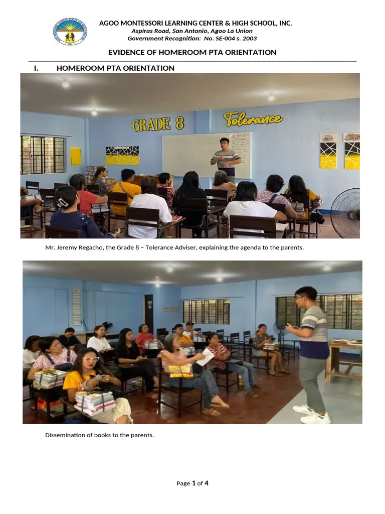Evidence of Homeroom Pta Orientation | PDF