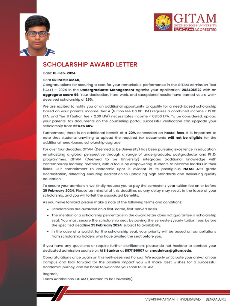GITAM Scholarship Award Letter | PDF | Education Finance