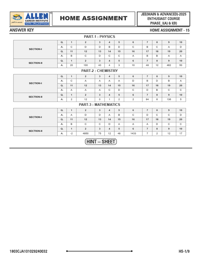 0109 - Jee (Main & Advanced) - Enthuse-I (A) & I (B) - Ha-15 - Ans & HS ...