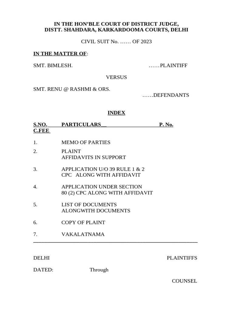 Bimlesh Suit SUIT FOR DECLARATIONCANCELLATION, PARTITION AND FOR PERMANENT & MANDATORY ...