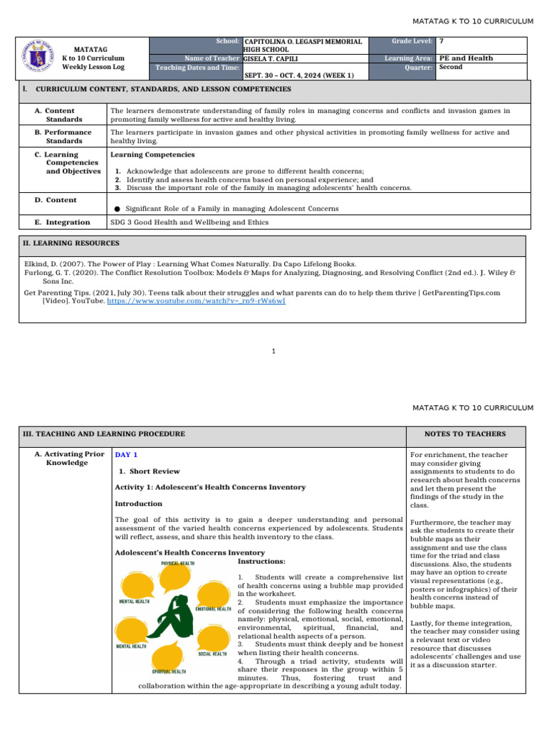 DLL Matatag - Pe&health 7 Q2 W1 | PDF | Adolescence | Science & Mathematics