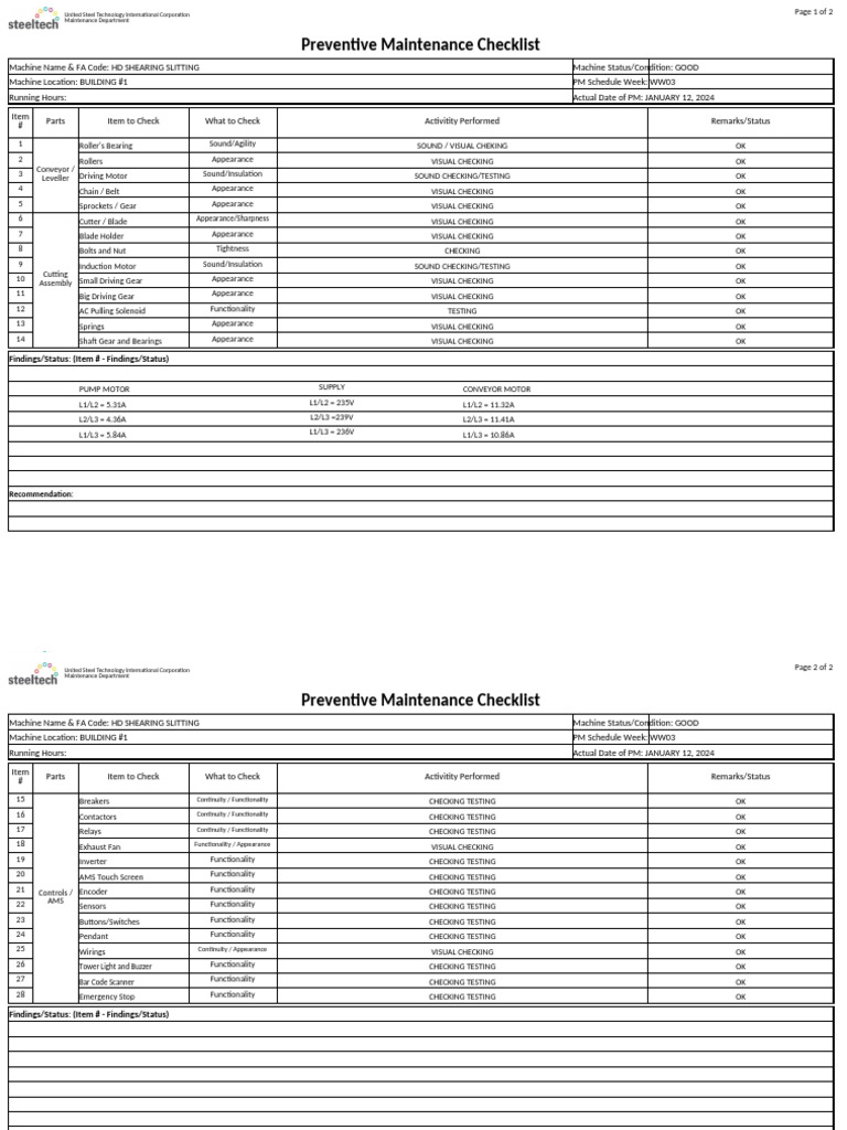 PM Checklist WW03 - HD Shearing Slitting B1 | PDF