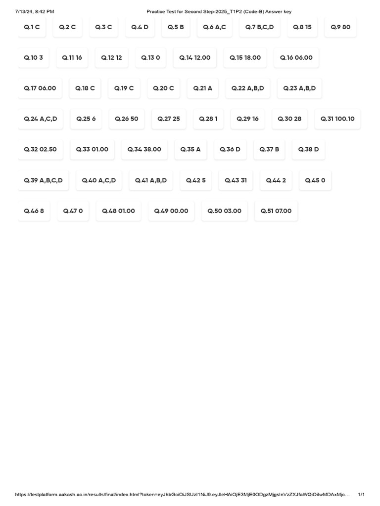 Practice Test For Second Step-2025 - T1P2 (Code-B) Answer Key | PDF