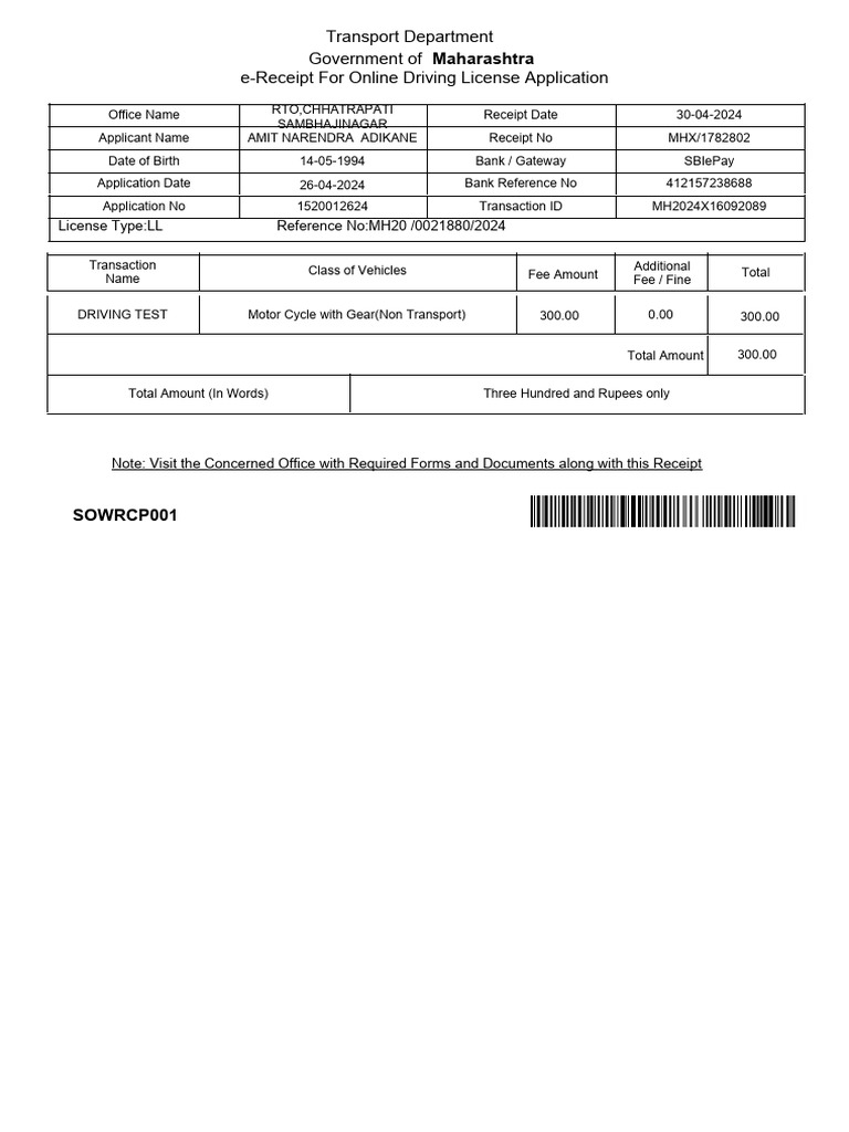 Receipt MCWG Learning License | PDF