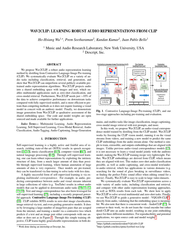 Wav2CLIP Learning Robust Audio Representations From CLIP | PDF