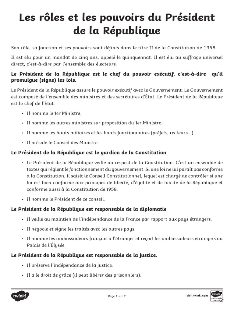 Fr2 P 3 Fiche Documentaire Le Role Du President de La Republique ...