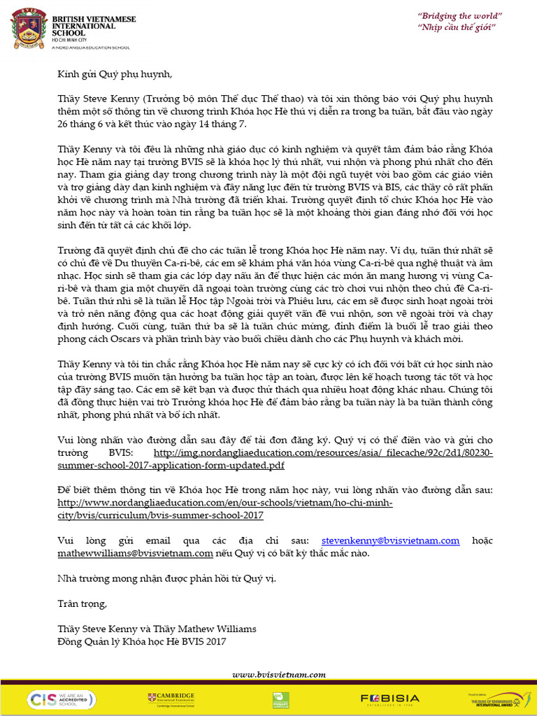 Summer Campt Thong Bao Tu Hieu Truong | PDF