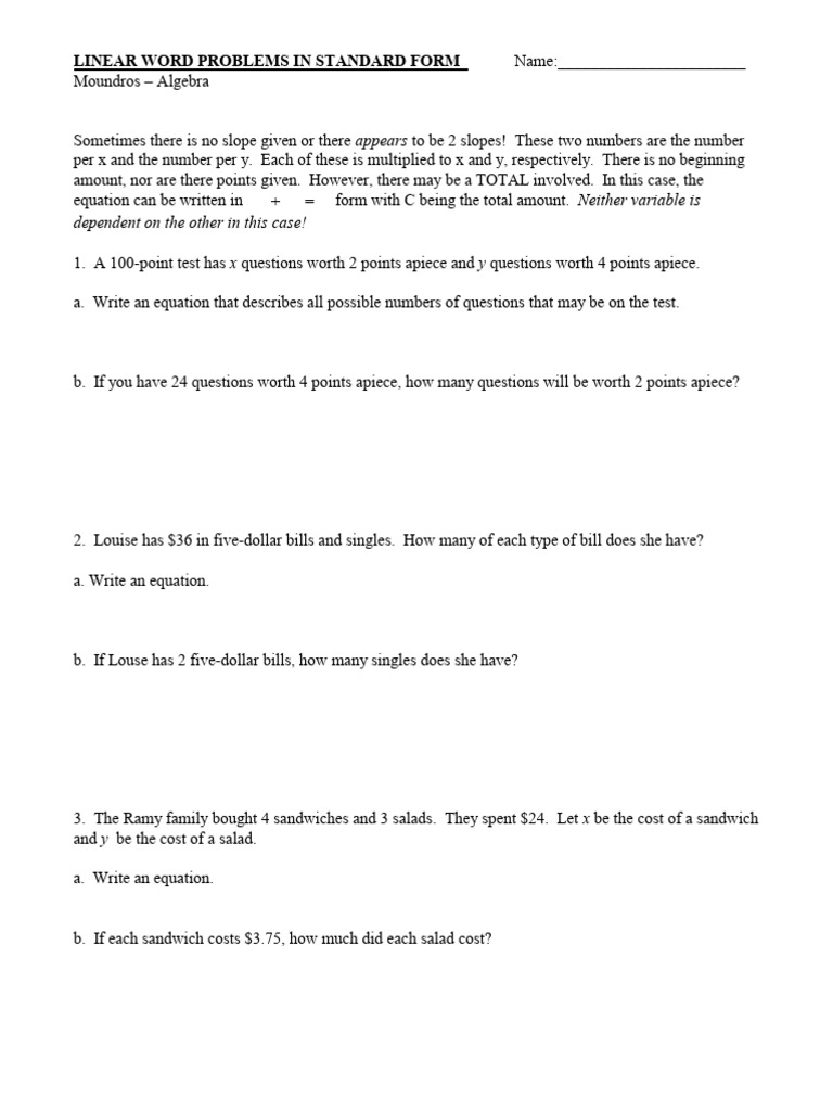 Standard Form Word Problems | PDF