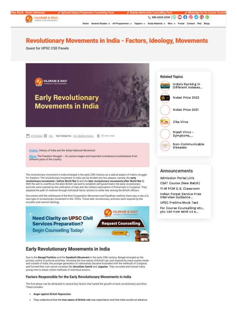 Vajiramandravi Com Quest Upsc Notes Revolutionary Movements in India | PDF
