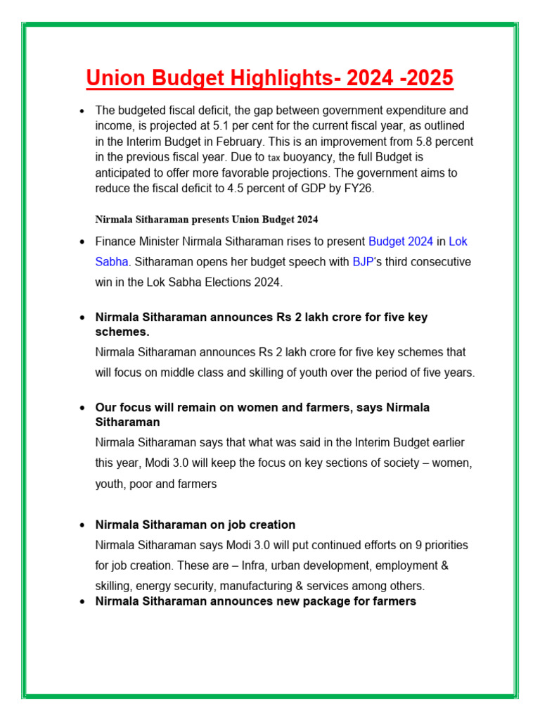Union Budget Highlights - 2024 - 2025 | PDF