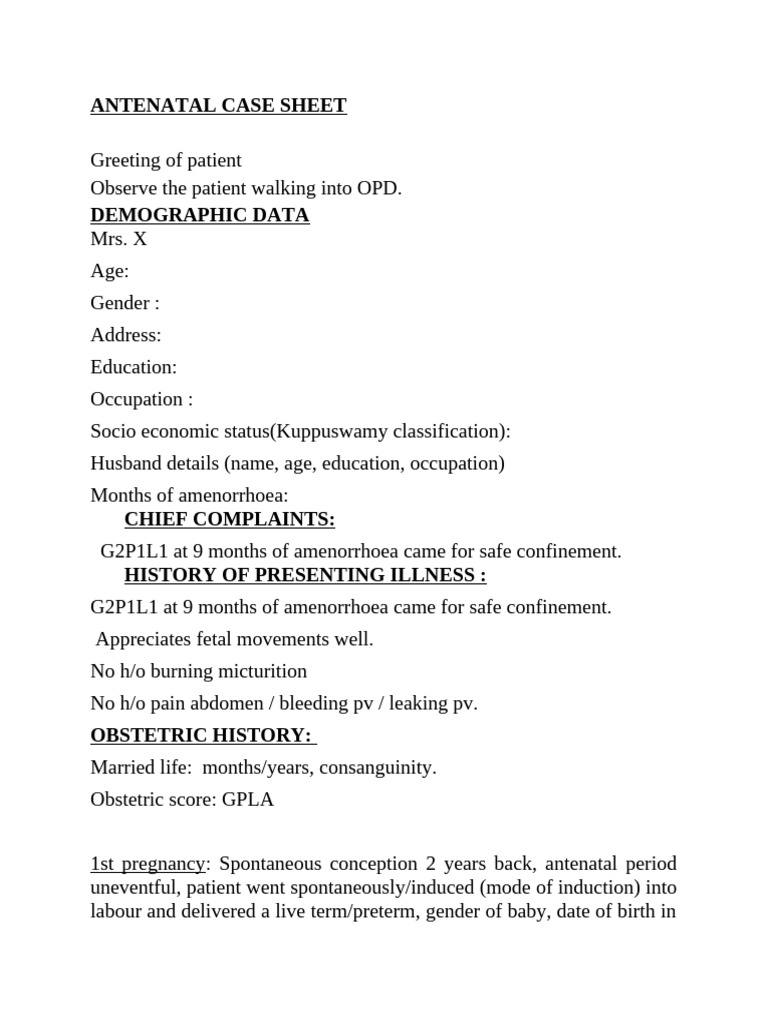 Antenatal Case Sheet | PDF