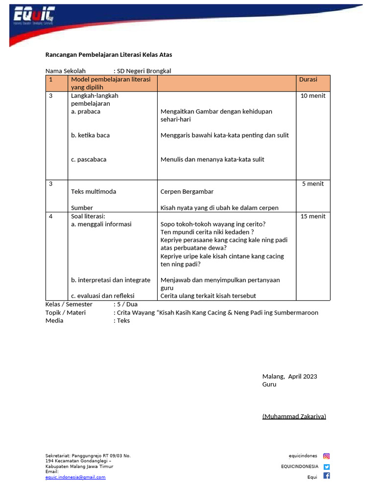 Rancangan Pembelajaran Literasi Kelas Atas 3 | PDF