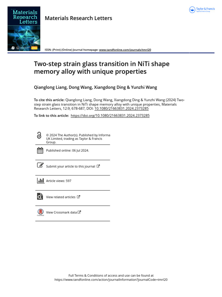 Two-Step Strain Glass Transition in NiTi Shape Memory Alloy With Unique ...