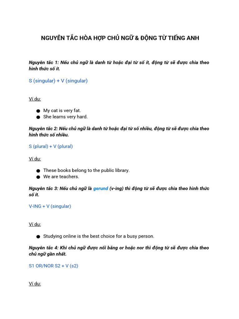 NGUYÊN TẮC HÒA HỢP CHỦ NGỮ & ĐỘNG TỪ TIẾNG ANH | PDF