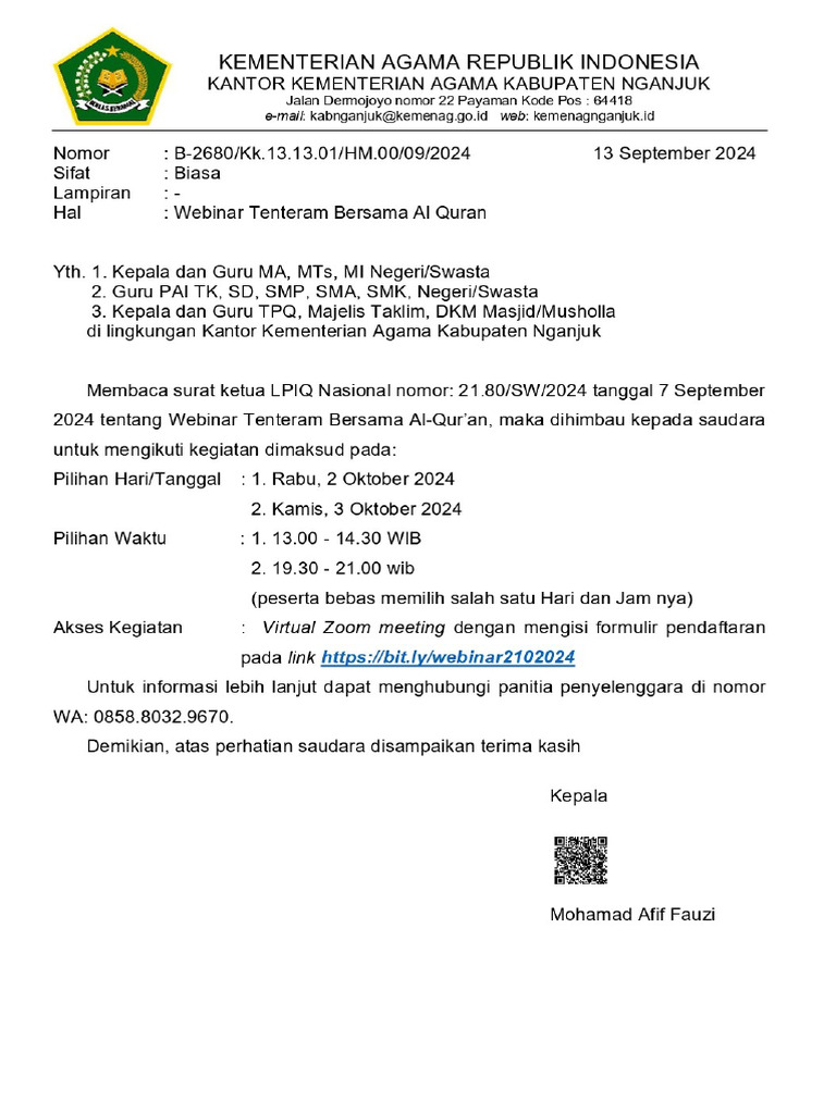 UNDANGAN Webinar Tenteram Bersama Al-Qur'an Kemenag Kab Nganjuk | PDF