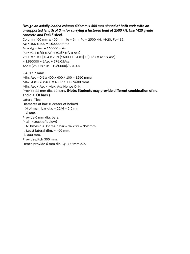 Design An Axially Loaded Column 400 MM X 400 MM Pinned at Both Ends ...