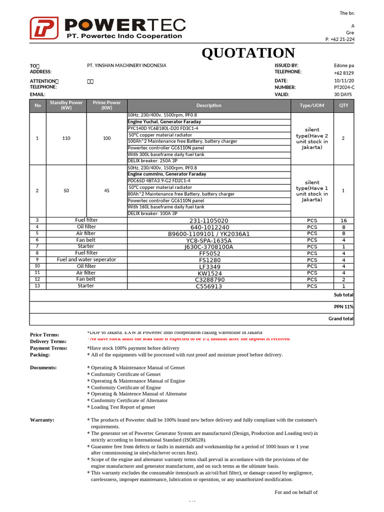 2024.9.8 Quotation For YINSHAN MACHINERY 100kw and 50kw Silent Genset | PDF