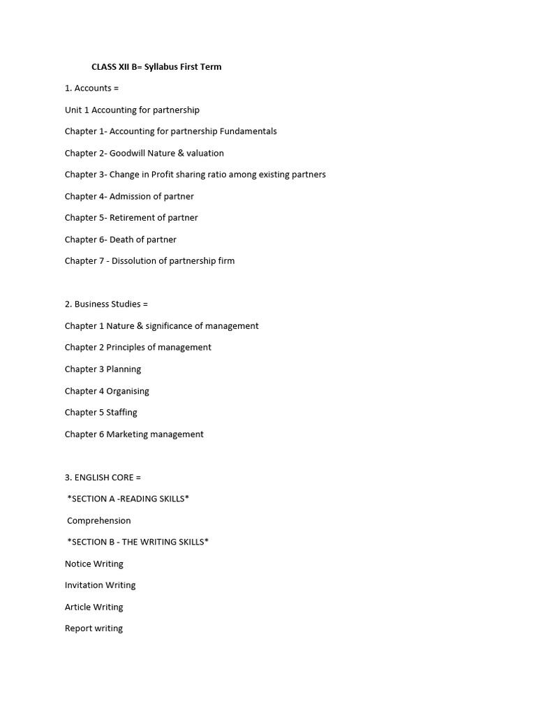 CLASS XII B Term 1 Syllabus | PDF