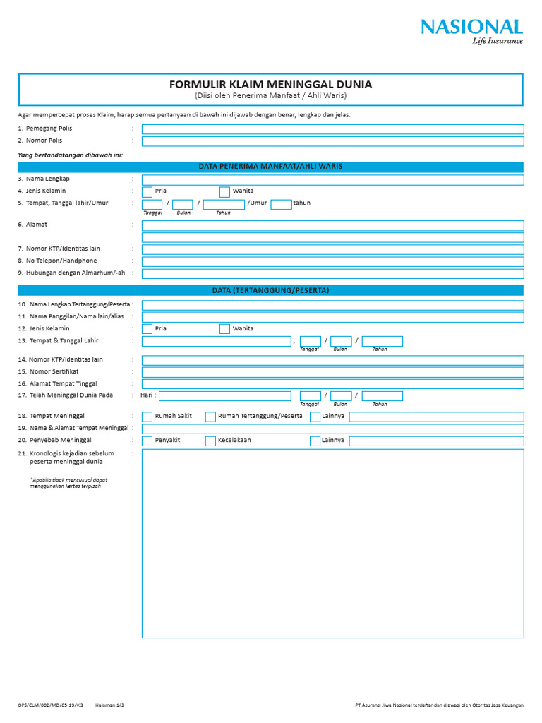 Formulir Klaim Meninggal Dunia (Ahli Waris) (V3) - FINAL | PDF