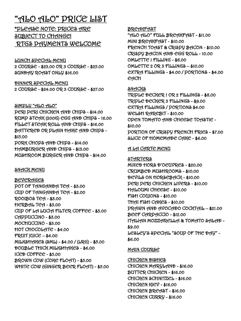 Alo Alo A La Carte Menu 2024 | PDF