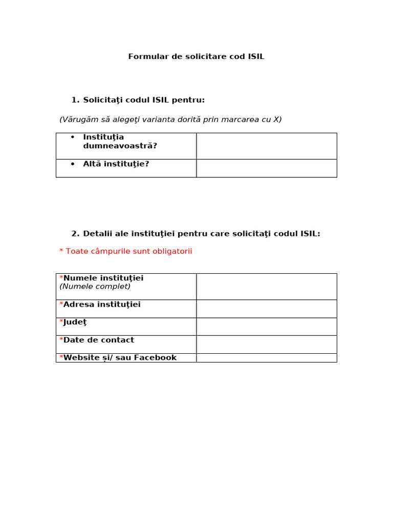 Formular de Solicitare Cod ISIL 1 | PDF