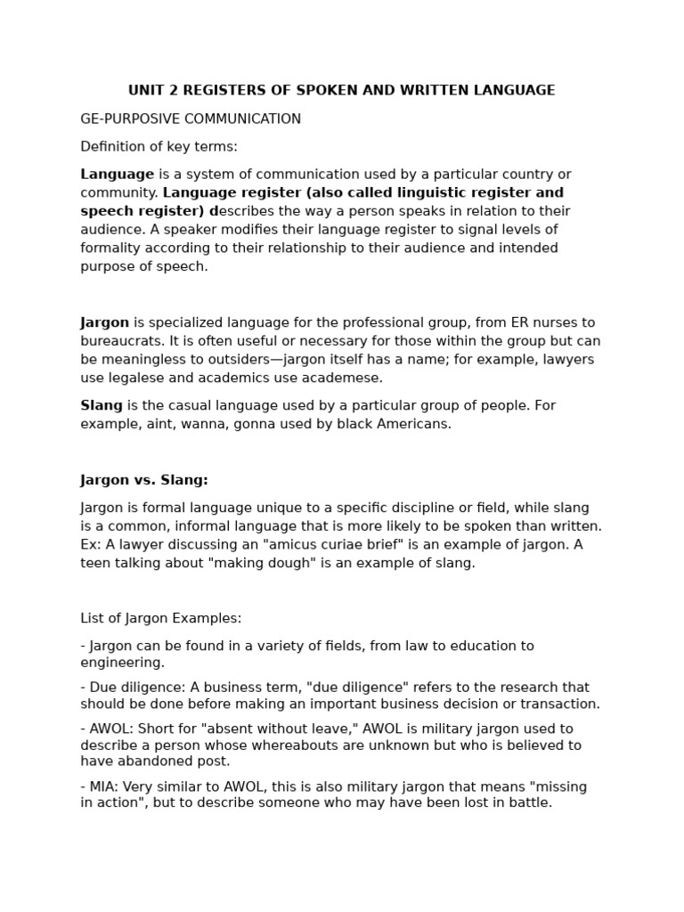 UNIT 2 REGISTERS OF SPOKEN AND WRITTEN LANGUAGE New | PDF | Jargon ...