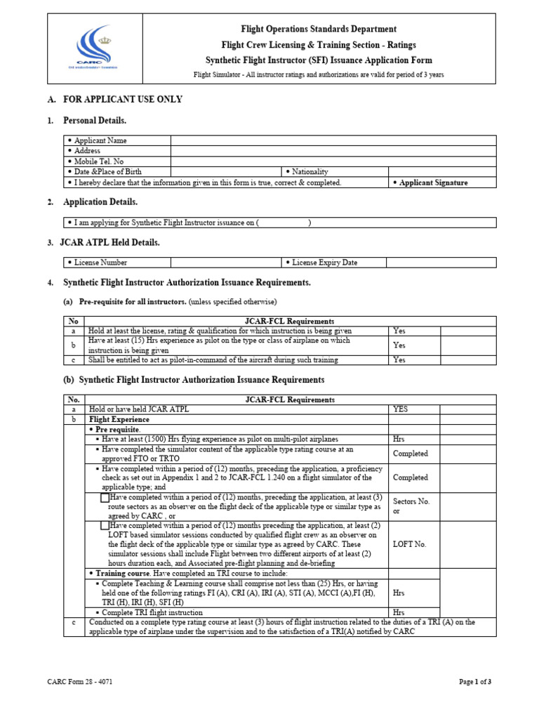 4071 - Synthetic Flight Instructor (SFI) Issuance Application Form | PDF