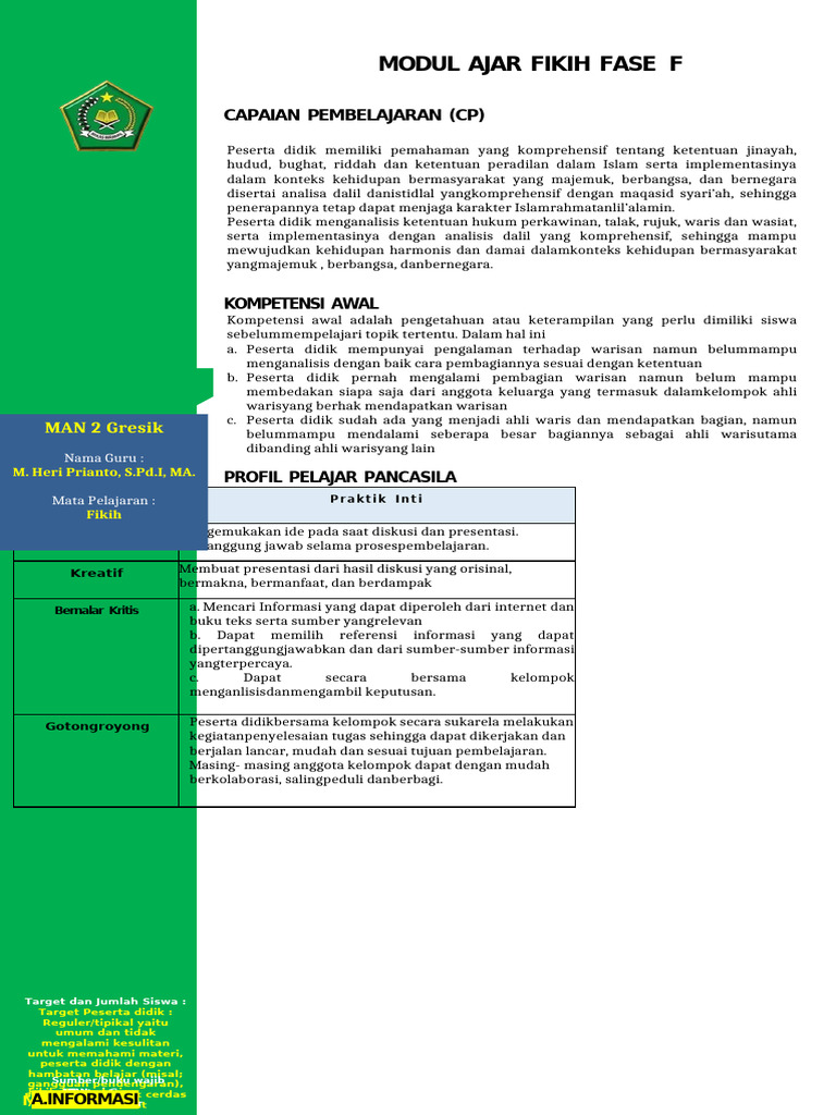 Contoh MODUL AJAR FIKIH FASE F WARISnnnn | PDF