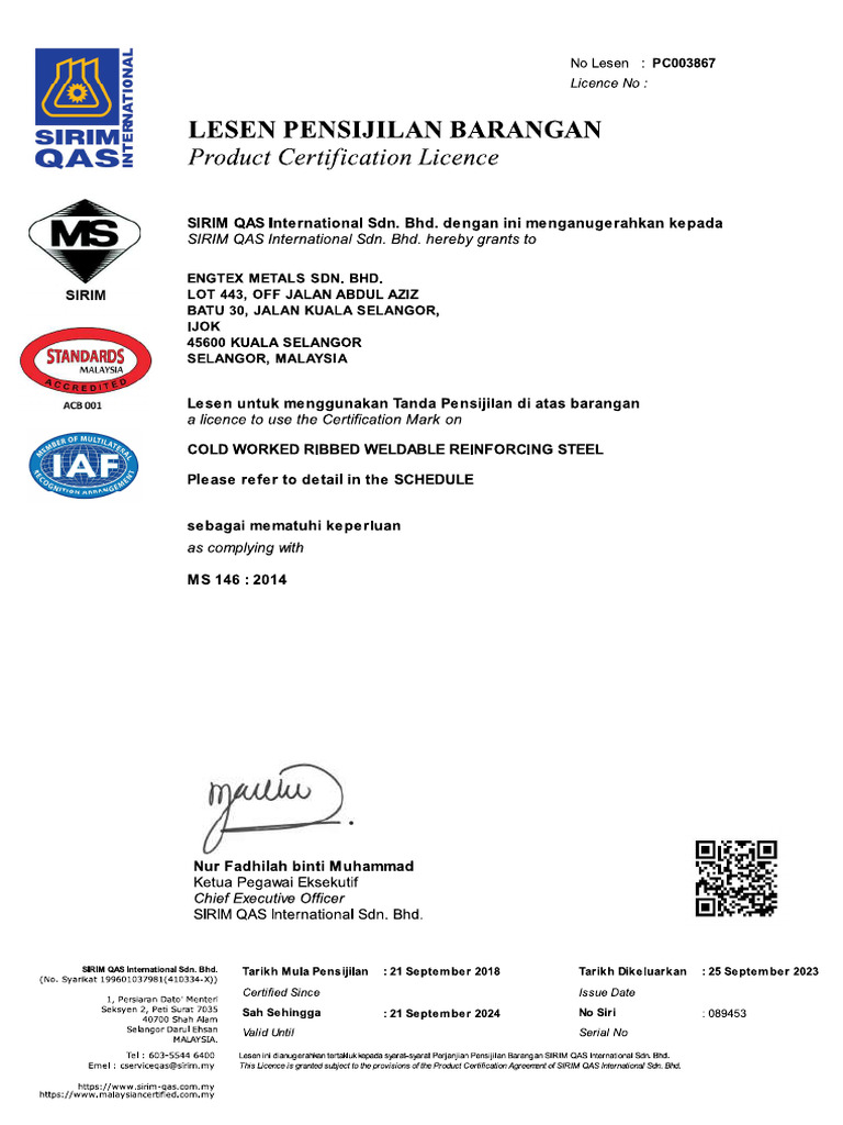 Engtex Metals SIRIM MS 146 Exp 21.09.2024 | PDF