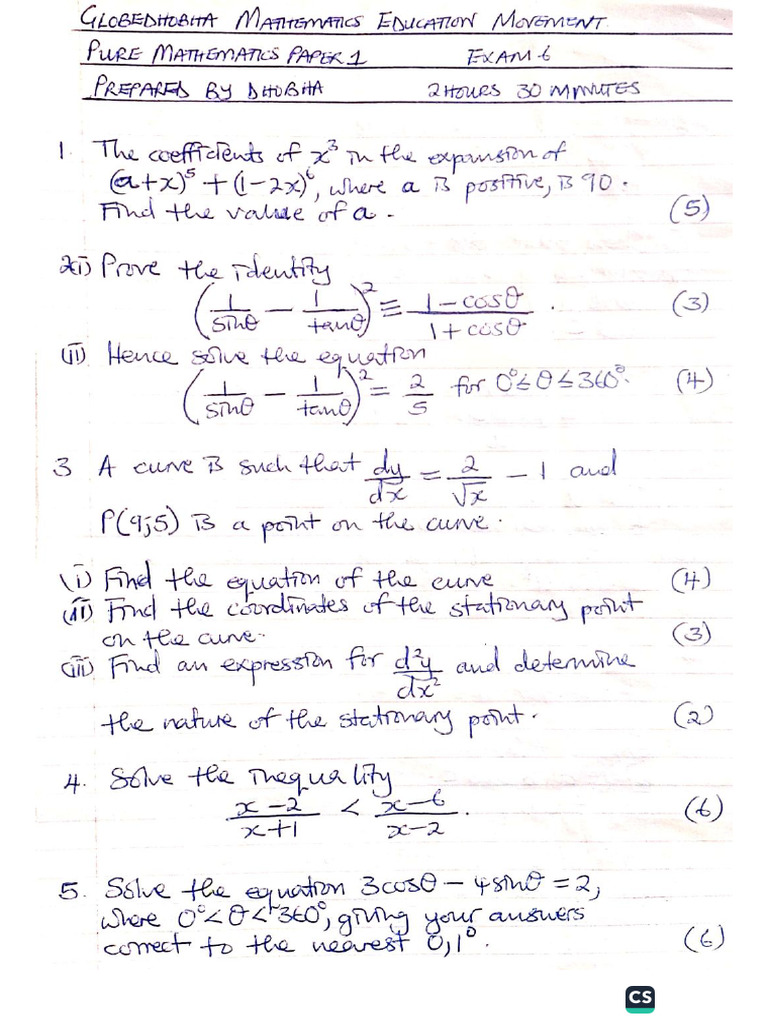 Pure Mathematics Paper 1 Exam 6 by Dhobha 240918 192717 | PDF