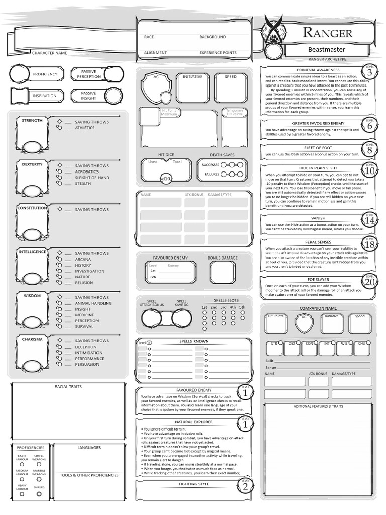 456029-Character Sheet Ua Revised Ranger-Bm Fillable | PDF