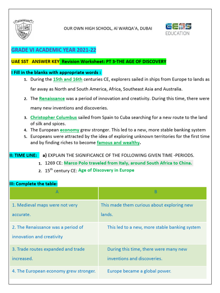 Answer Key The Age of Discovery PT3 RWS | PDF | Age Of Discovery | Europe