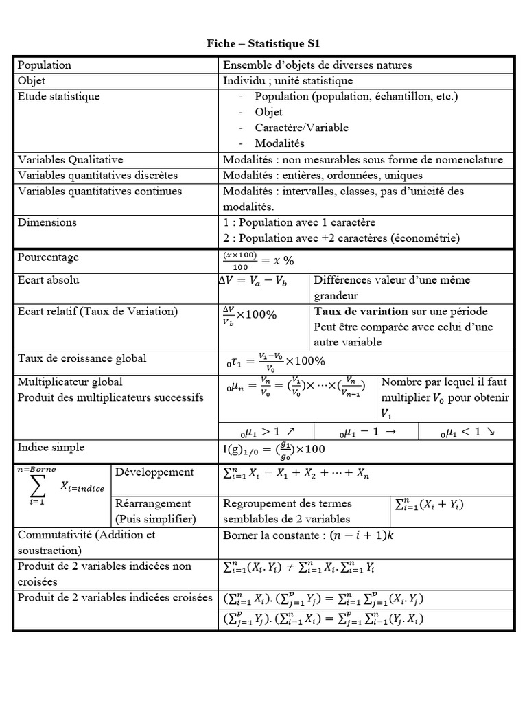 Fiche - Statistique S1 | PDF