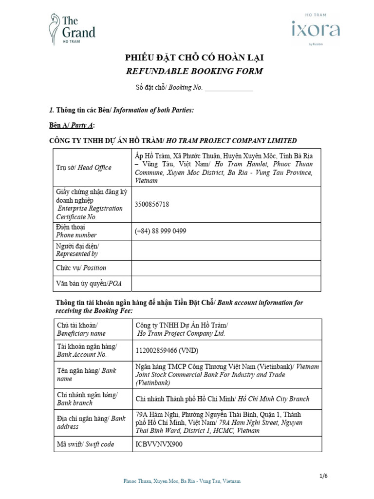 01 Refundable Booking Form Ixora Ho Tram by Fusion 2 Applied From | PDF