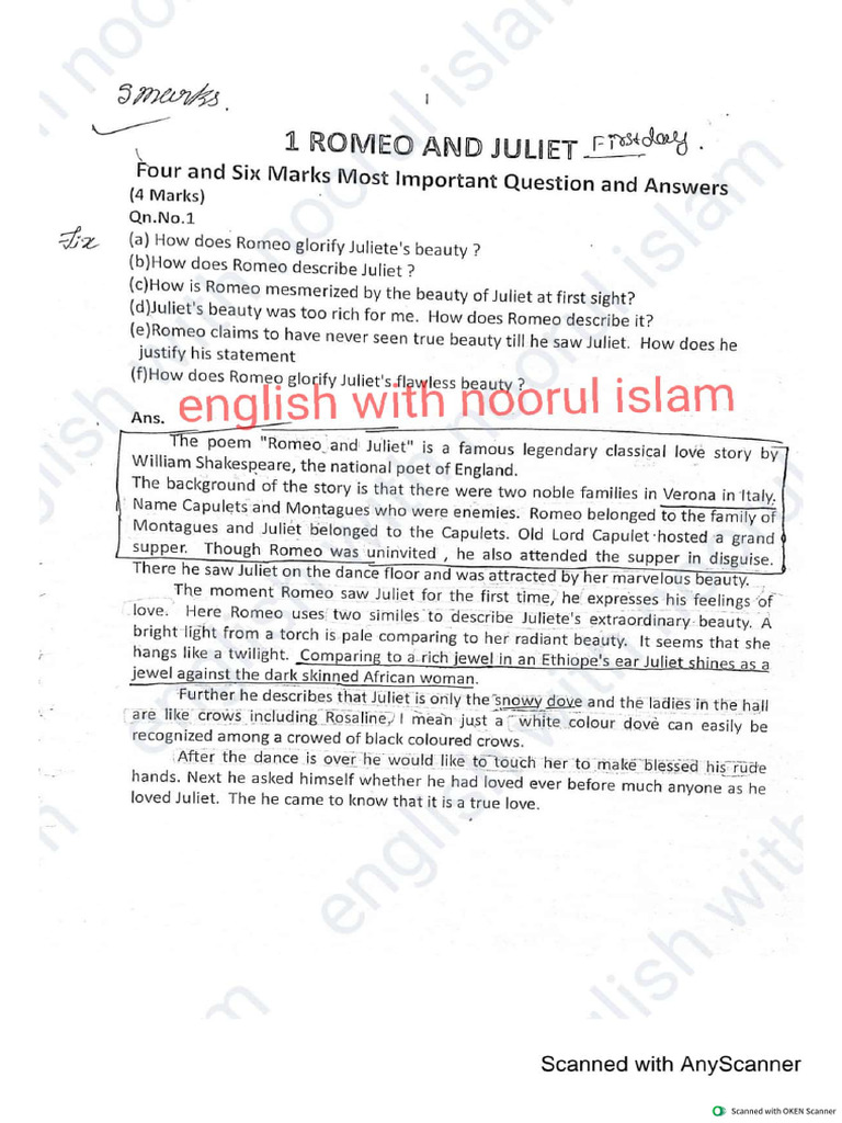 Romeo and Juliet Important Answers Notes | PDF