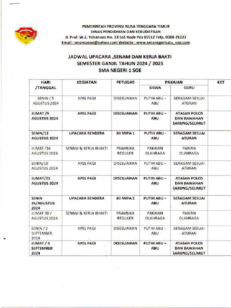 Jadwal UPACARA, SENAM DAN KERJA BAKTI 2024 | PDF
