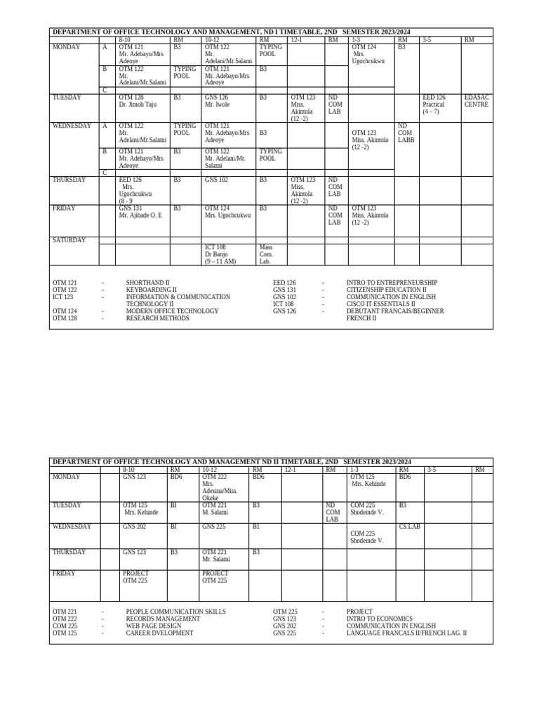 Otm Second Semester Time Table Edited | PDF