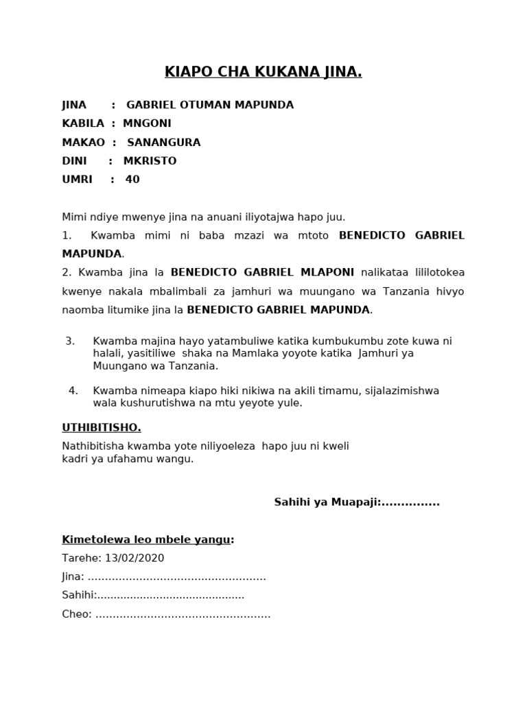 Kiapo Cha Kukubali Majina | PDF